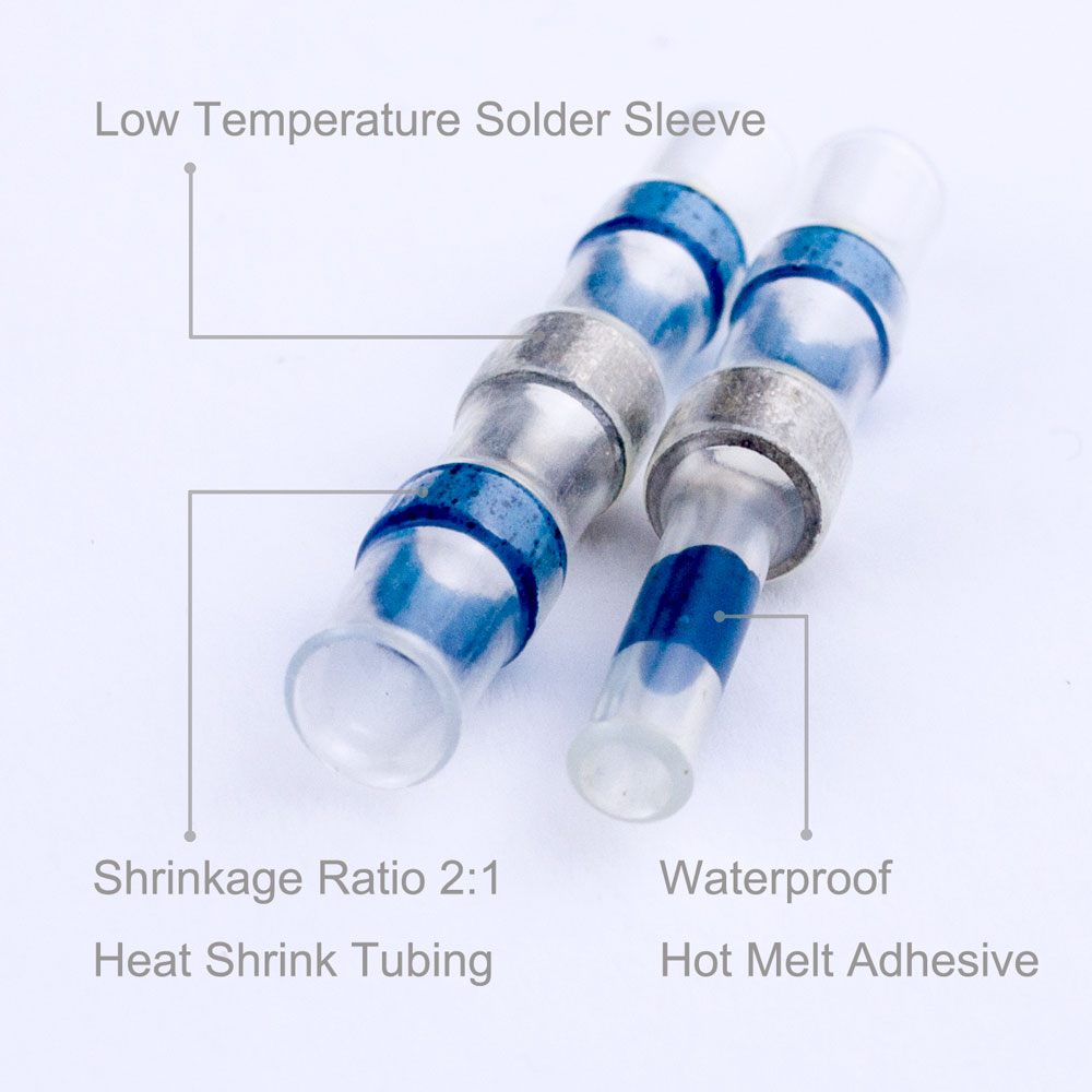100pcs Solder Seal Butt Connectors 16-14 AWG Blue, Waterproof Heat ...